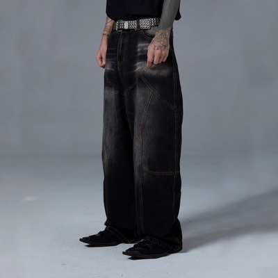 CROSSHAIR 美式黑色水洗擦脏直筒牛仔裤  宽松阔腿长裤 男女款潮