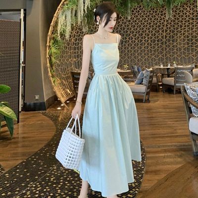性感绑带露背纯欲吊带连衣裙女夏季新款度假风收腰仙女a字长裙子