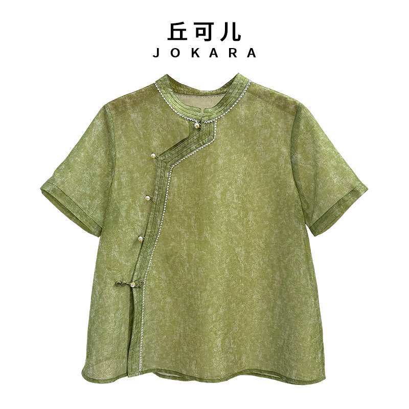 Jokara/丘可儿【苔染青】新中式女士气质休闲国风T恤上衣短袖夏季