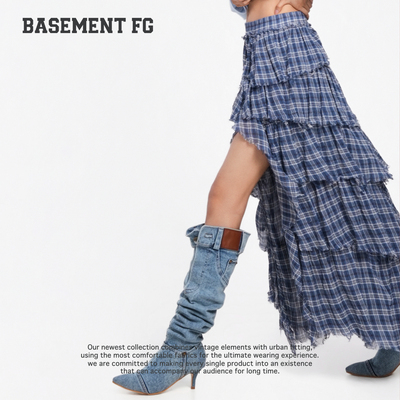 BASEMENTFG半裙26秋冬新款格纹中长多层荷叶边半身裙262150202053