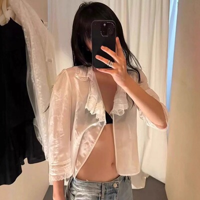 韩国fletta蕾丝微透中长袖衬衫女