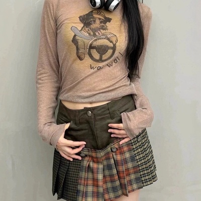 openYy小狗印花圆领薄款长袖T恤