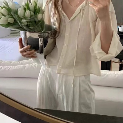 韩国东大门ounce纯色系带衬衫女