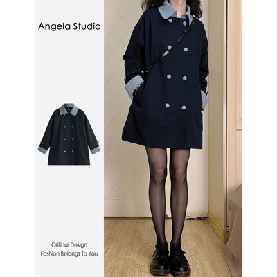 春季赫本风藏青色休闲宽松风衣