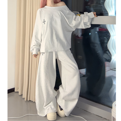 美式复古宽松斜肩长袖长裤套装