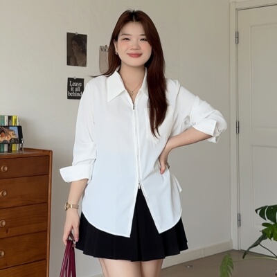 大码女装胖mm双拉链白色衬衫上衣