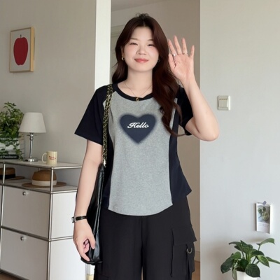 大码胖mm正肩显瘦爱心短袖T恤女