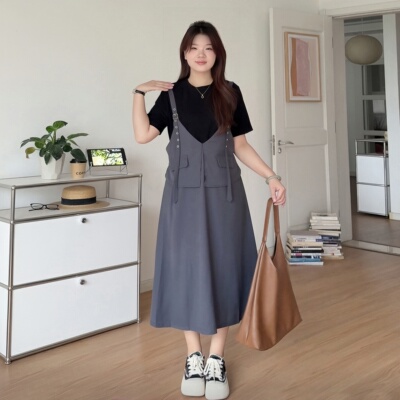 大码胖mm遮肚子显瘦假两件连衣裙