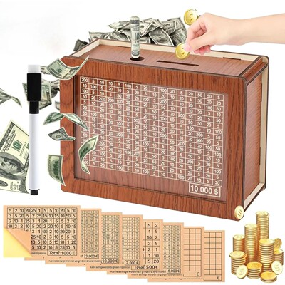 Cofrinho de madeira com dinheiro alvo e números, Caixa de p