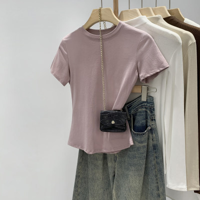 莫代尔简约ins纯色修身短袖T恤女2026夏季新款紧身显瘦辣妹小上衣