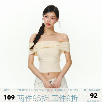 MMMOUND 美式复古设计感一字肩短款短袖t恤女夏季新款上衣