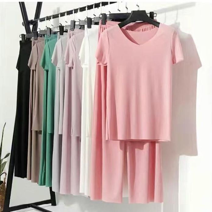 家居服外穿大码时尚阔腿裤冰丝休闲睡衣七分裤两件套上衣胖mm遮肚