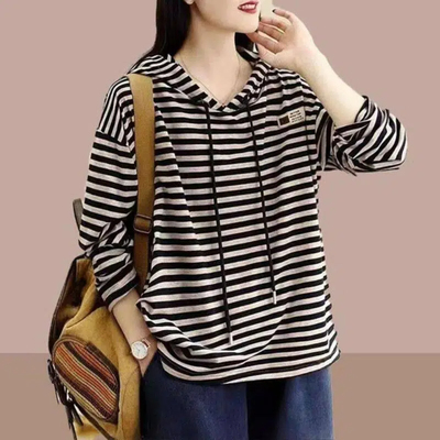 2026春秋大码女装连帽条纹T恤女