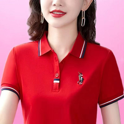 2025夏季翻领时尚短袖T恤女大码中老年妈妈装休闲运动上衣Polo衫