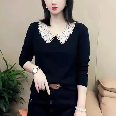 春秋妈妈装蕾丝花边领显瘦T恤女
