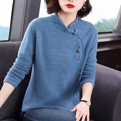 中国风刺绣拼接德绒保暖T恤衫大码女装胖mm盘扣立领长袖打底上衣