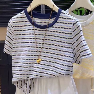 韩系简约复古条纹撞色正肩短袖T