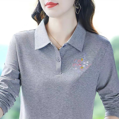 长袖t恤女早秋2025新款气质时尚减龄妈妈polo衫刺绣百搭秋装上衣