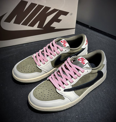 适配Travis Scott AJ1 Low米绿橄榄倒钩TS联名5.0粉色打蜡鞋带绳