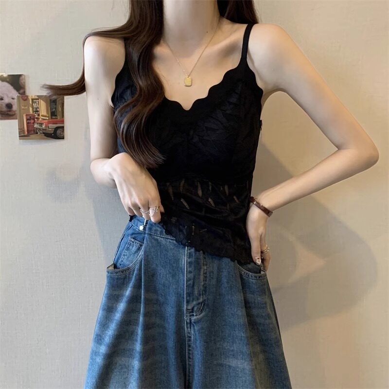 黑色V领蕾丝吊带背心女带胸垫大尺码胖mm遮肚藏肉显瘦抹胸美背内