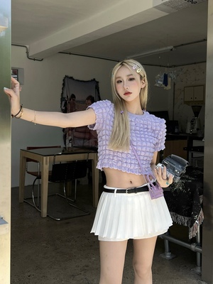 纯欲甜美别致泡泡格女生常规短袖