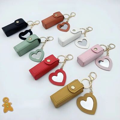 Portable Lipstick Case with Mirror, Heart Keychain Cosmetic