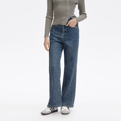 Dekashell/迪卡轩2025秋季新款高腰休闲风高腰裤子女直筒牛仔裤