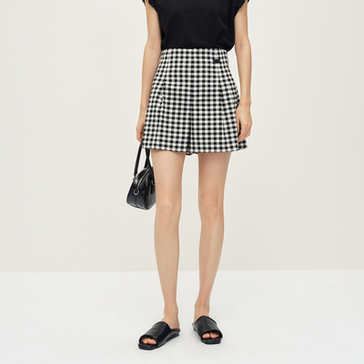Dekashell/迪卡轩2025夏季新款高腰短裤时尚百搭黑白格