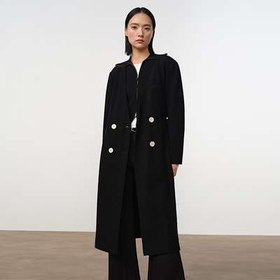 Dekashell/迪卡轩2025冬季新款西装式双排扣羊毛长款大衣女毛呢dp