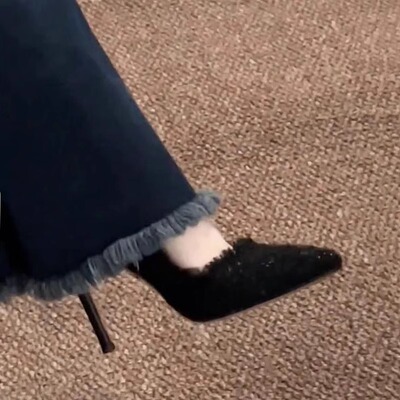 单鞋细跟编织尖头高跟鞋2024新款