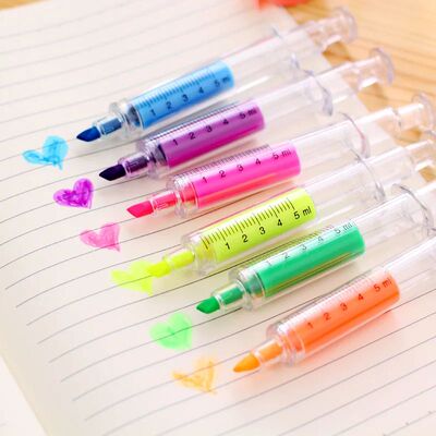6Pc Kawaii Syringe Highlighter Pen Syringe Needle Shape Mech