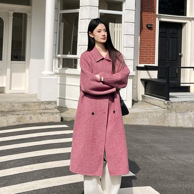 网红韩系秋冬长款双面绵羊毛大衣/外套 翻领双排扣保暖外套
