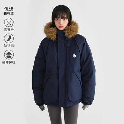 冬季休闲系藏青色工装派克羽绒服