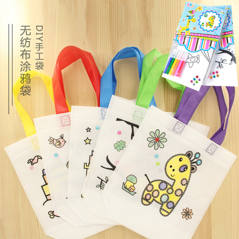 热卖卡通涂色无纺布手提袋 小学生DIY绘画包 亲子手工美劳材料包