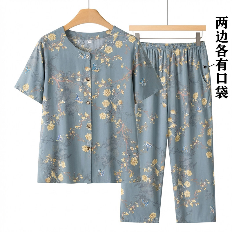 中老年人女奶奶装夏装套装短袖衬衫妈妈薄款老人衣服开衫新款绵绸