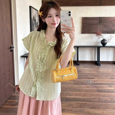 甜甜夏浅绿条纹温柔小清新木耳花边上衣小衫M-GZMDD3185