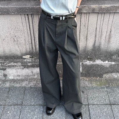 好莱坞复古条纹双褶立体西装裤
