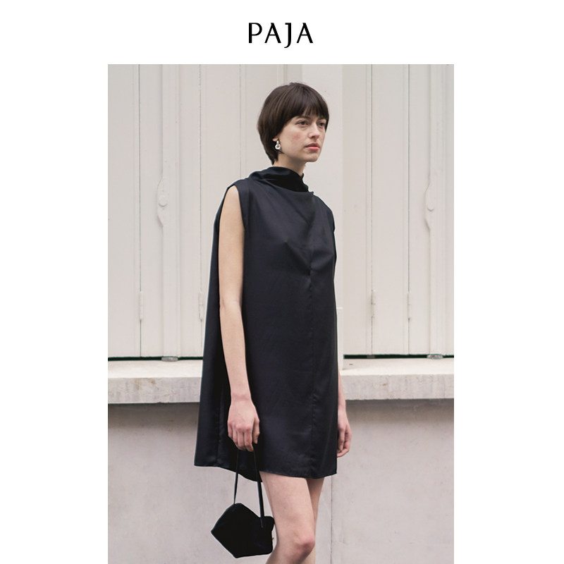 PAJA Sunset系列复古真丝小黑裙女夏季设计感桑蚕丝连衣裙
