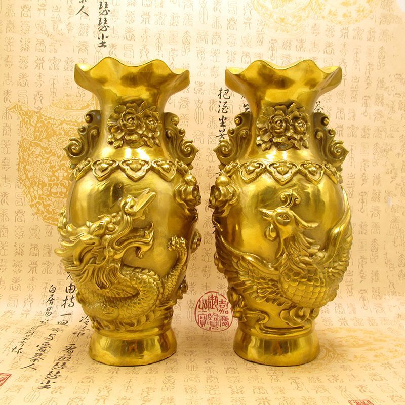 仿古黄铜龙凤花瓶摆件龙凤呈祥铜装饰品家居客厅办公铜瓶摆设
