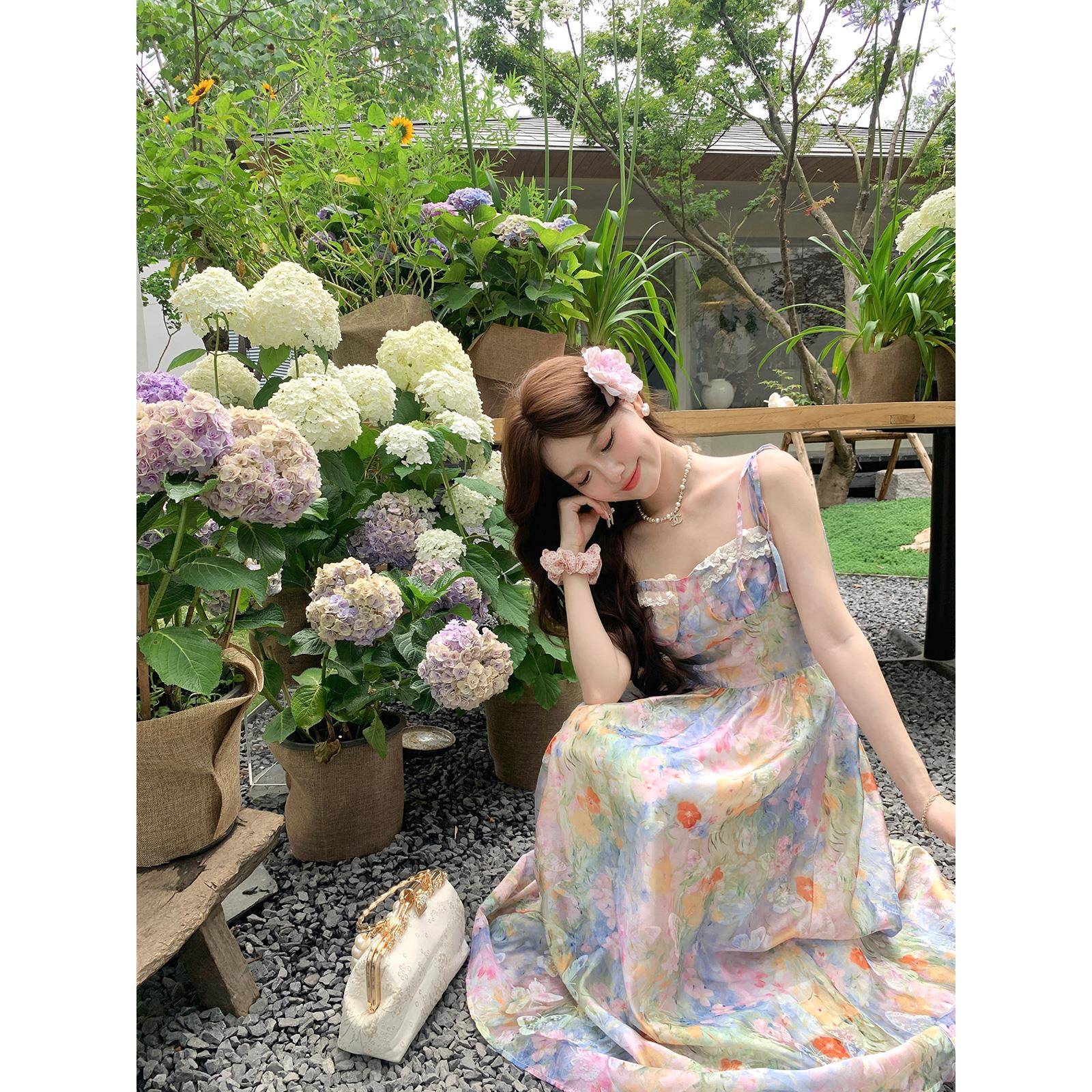 DbyDoi绝美吊带裙连衣裙女夏超好看法式沙滩度假风晕染碎花长裙子