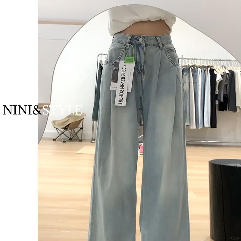 浅色窄版阔腿牛仔裤女2025春秋新款褶皱高腰宽松垂感直筒拖地裤子
