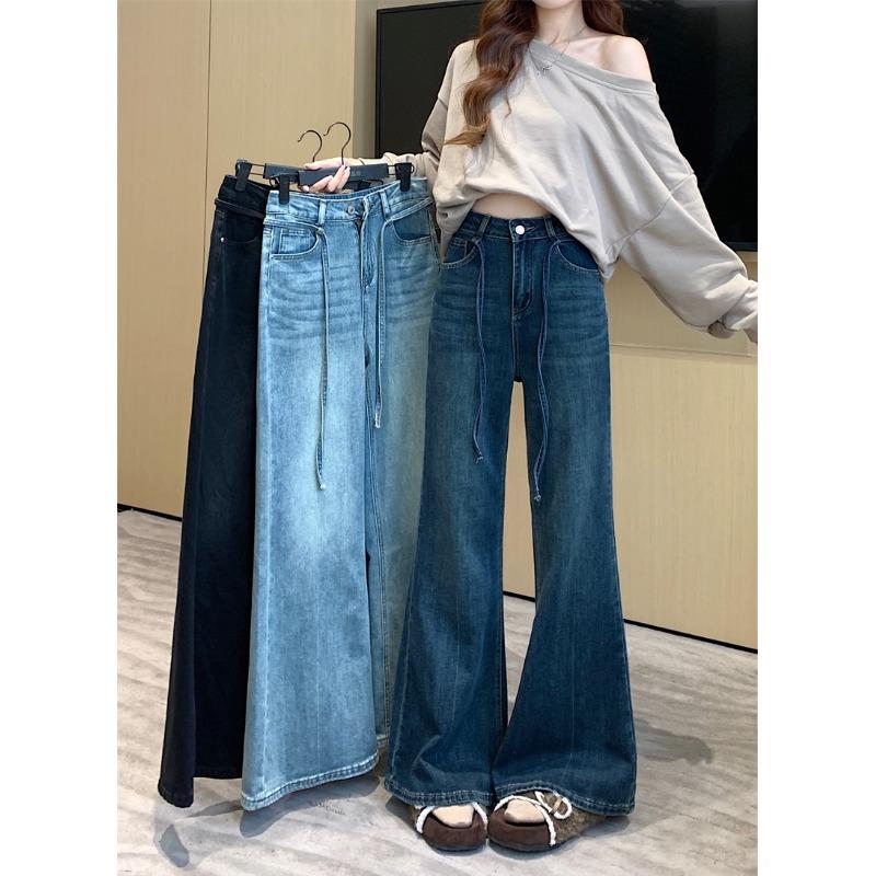 设计感系带牛仔裤2025春季新款高腰显瘦复古微喇裤拖地长裤女chic