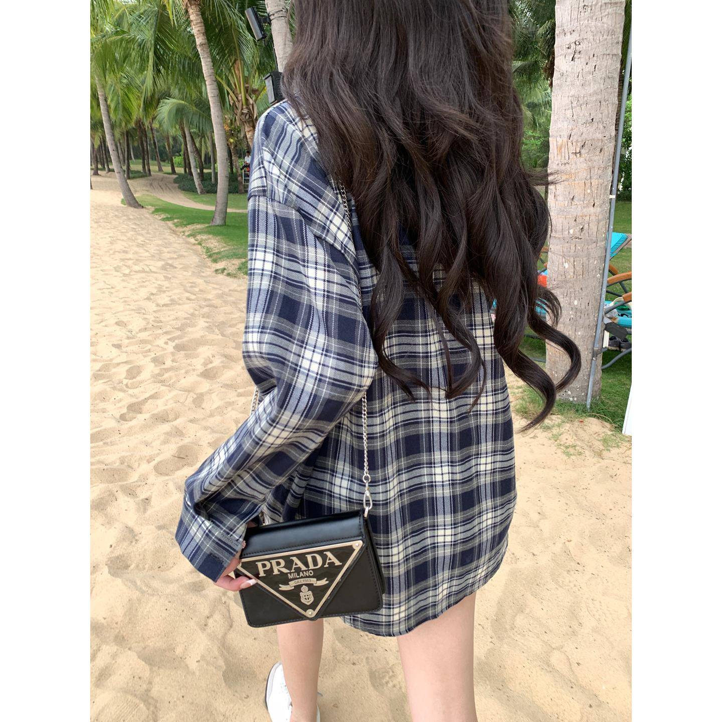 alex stevens幂式穿搭格子防晒衬衫女春秋季复古宽松衬衣上衣外套