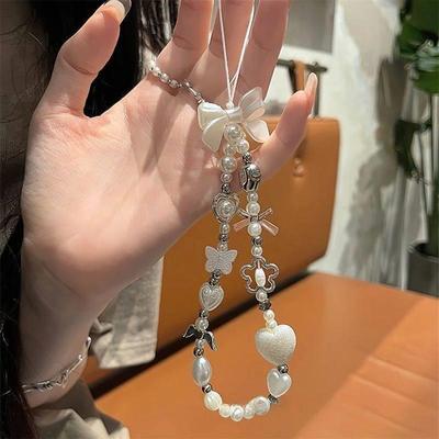 Cute Baroque White Bow Flower Beaded Phone Chain Charm Lanya