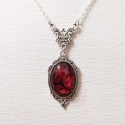 Gothic Blood Red Quartz Charm Necklace Oval Pendant Necklace