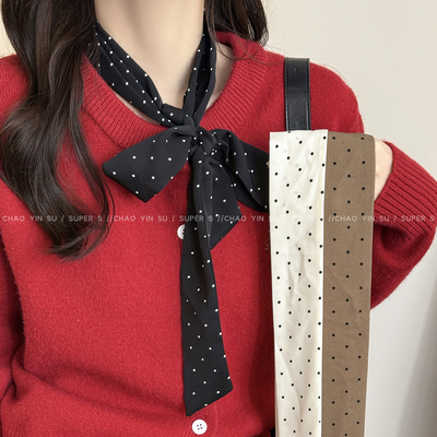 韩系黑色波点长条丝巾系脖围巾