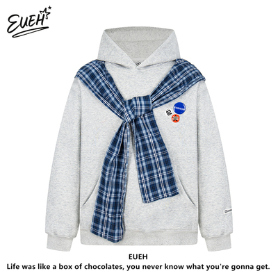 EUEH美式格子披肩假两件连帽卫衣