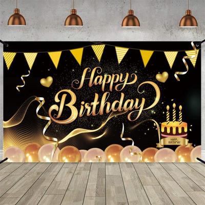 Happy Birthday Backdrop Banner Large Black Gold Balloon Star