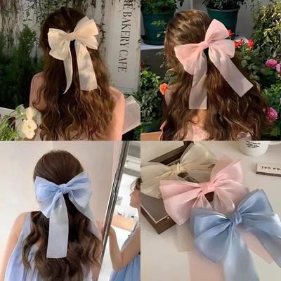 Girls Blue Pink Big Bow Ribbon Hair Clip Elegant Simple Spri