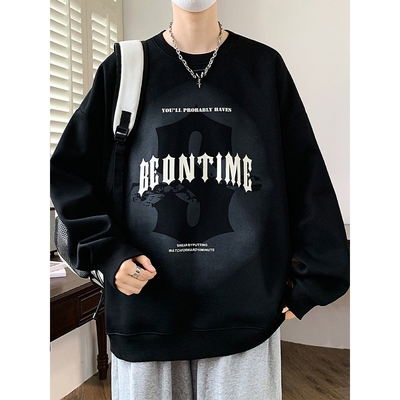 加绒卫衣男款秋冬季休闲宽松圆领长袖t恤男生潮牌新款百搭上衣服